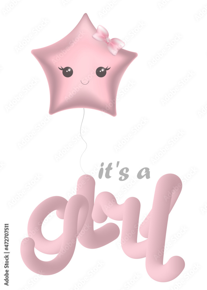 Cute kids cartoon character. Pink star ballon for Gender reveal or ...