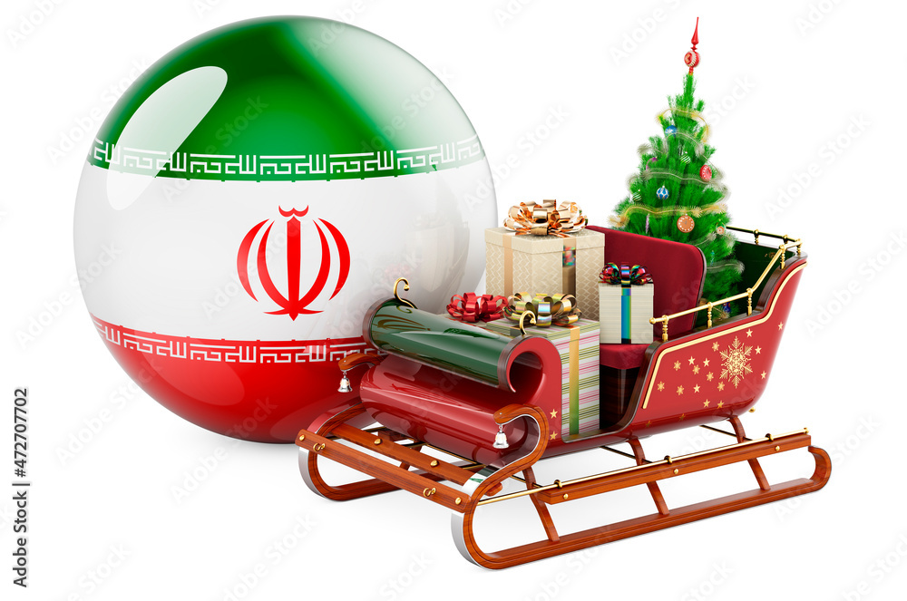 Christmas in Iran, concept. Christmas Santa sleigh full of gifts with ...