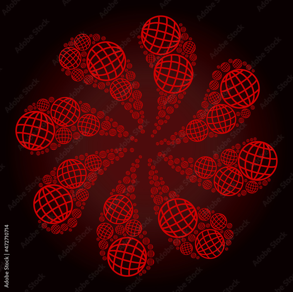 Red global icon rotation bang petals salute composition on red dark ...