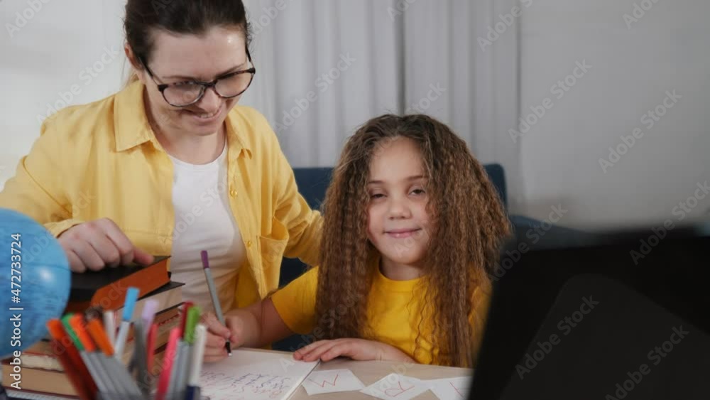 coronavirus. learning home a mom daughter. School kid. Home school ...