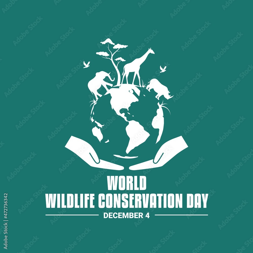 Vector illustration, silhouette of a hand supporting a globe, animals ...