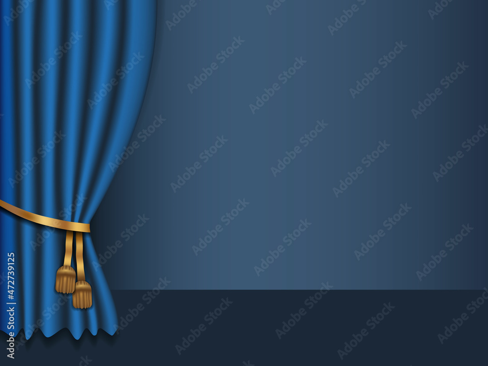Blue curtain is opened on the left side of the picture, dark blue ...