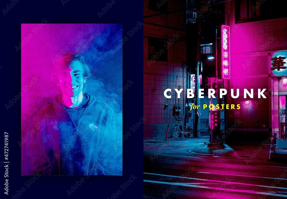 Cyberpunk Poster Photo Effect Mockup Stock Template | Adobe Stock