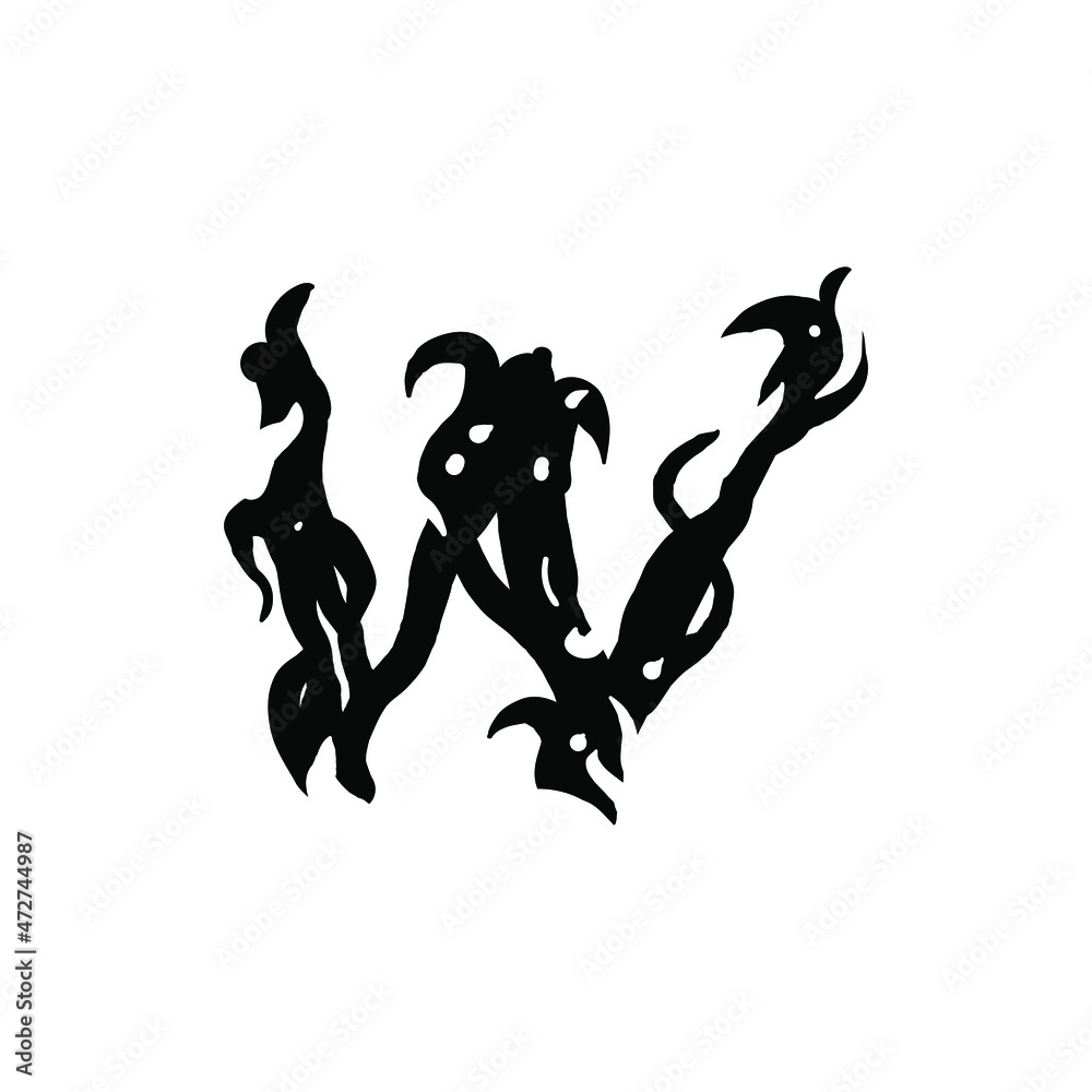 Letter W in gothic graffiti style. Black letter with curls. Logo or ...