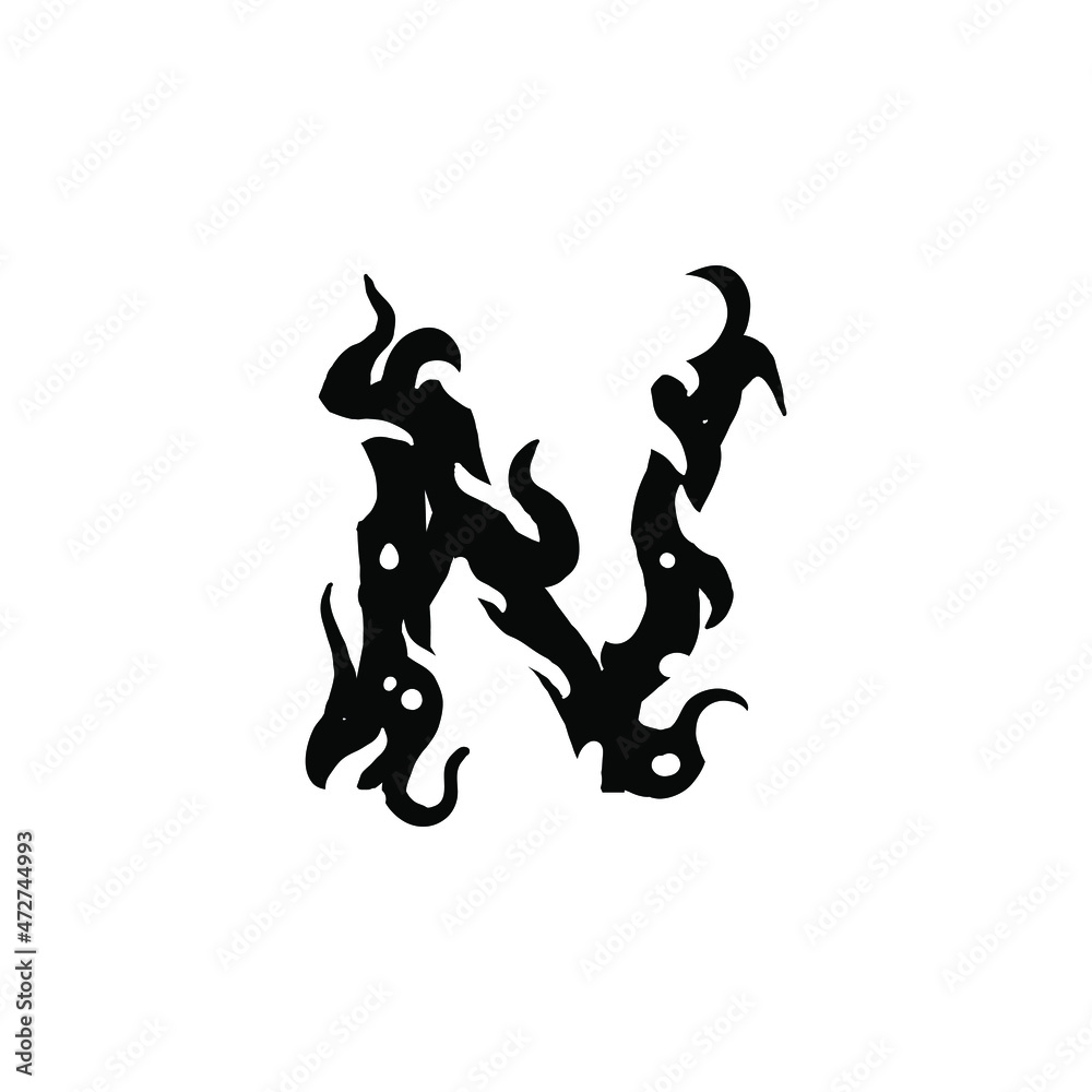 Letter N in gothic graffiti style. Black letter with curls. Logo or ...