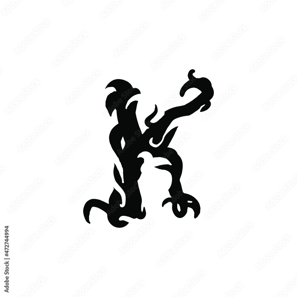 Letter K in gothic graffiti style. Black letter with curls. Logo or ...