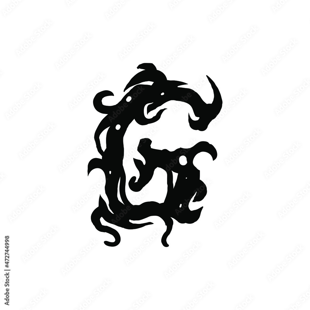 Letter G in gothic graffiti style. Black letter with curls. Logo or ...