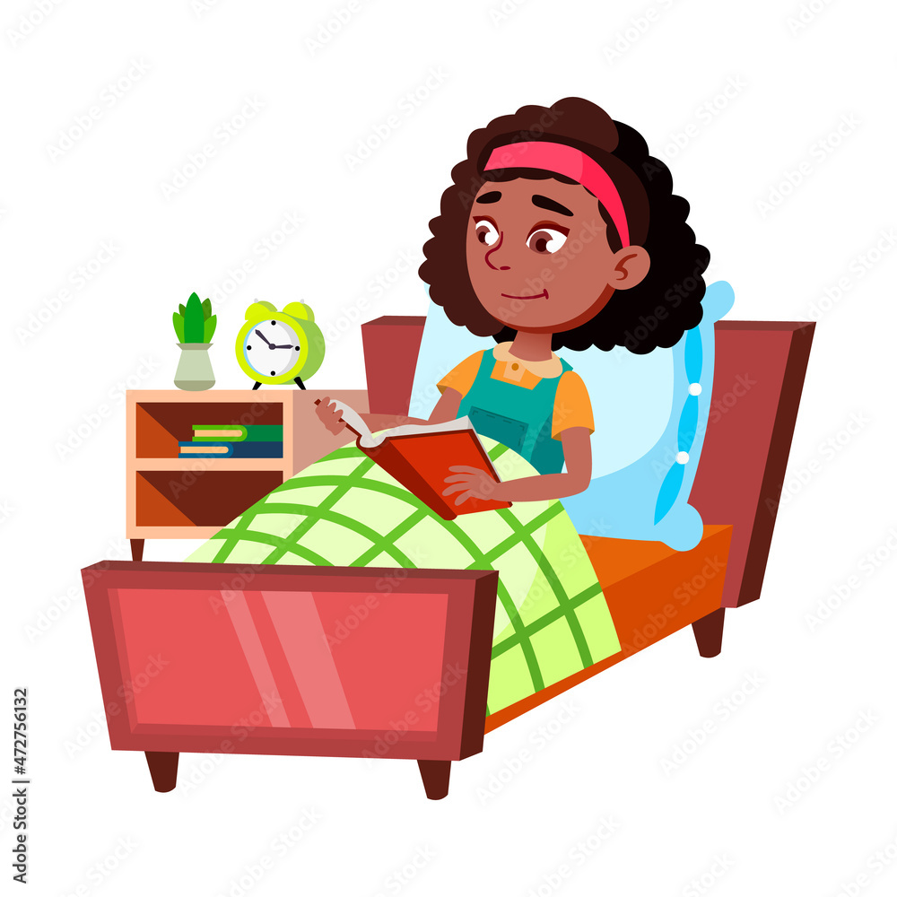 Schoolgirl Reading Book Story In Bedroom Vector. African School Girl ...