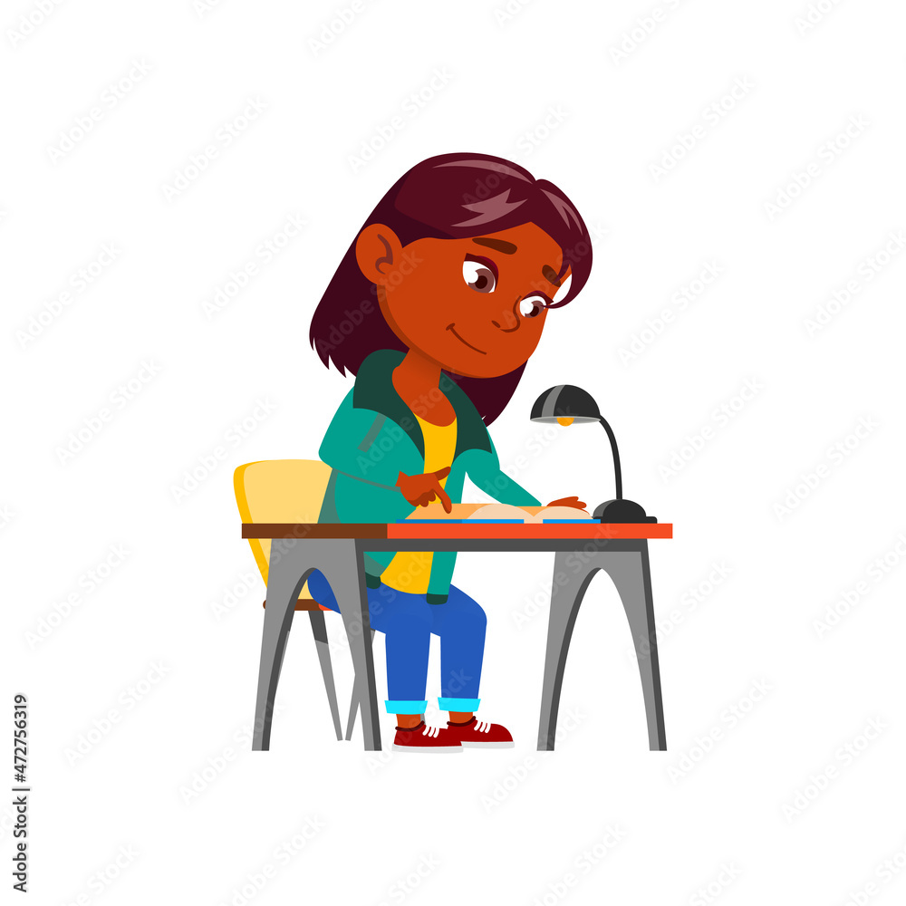 Schoolgirl Reading Educational Book At Home Vector. Hispanic School ...