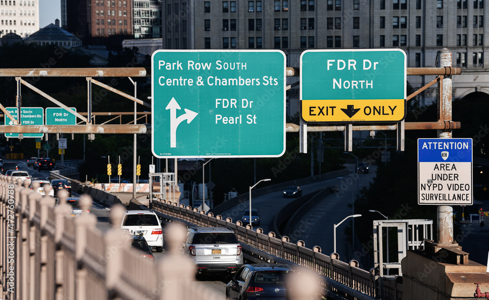 New York, USA - 2021: Traffic signs at the entrance to Manhattan from ...