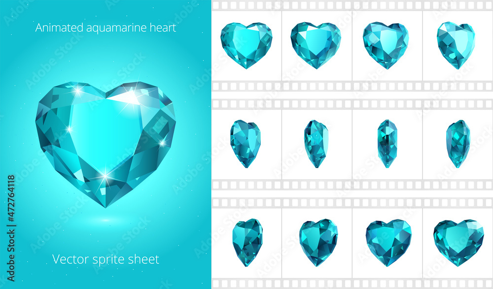Rotating aquamarine heart. Looped animation of cyan crystal Valentine ...