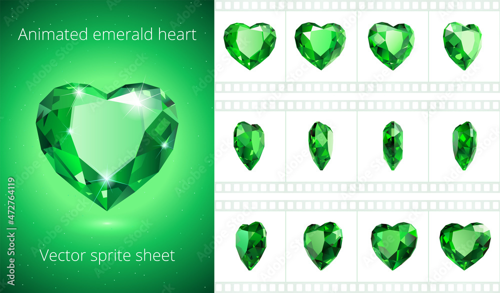Rotating emerald heart. Green crystal Valentine. Vector sprite sheet ...