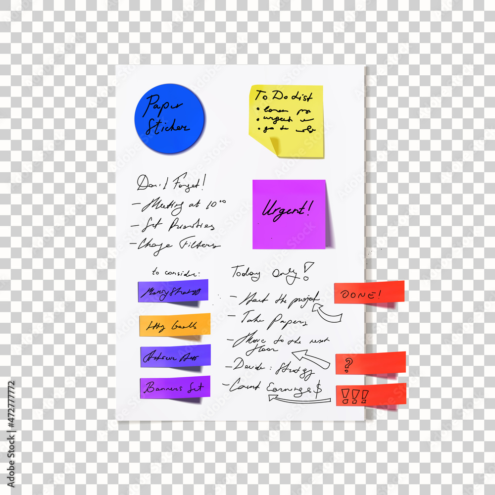 3D Set of Colorful Memo Stickers on White Paper Sheet, Clarifying ...