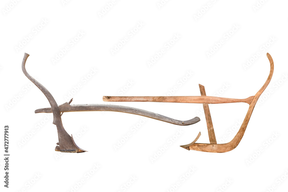 Agricultural old manual wooden plow isolated on white background with ...