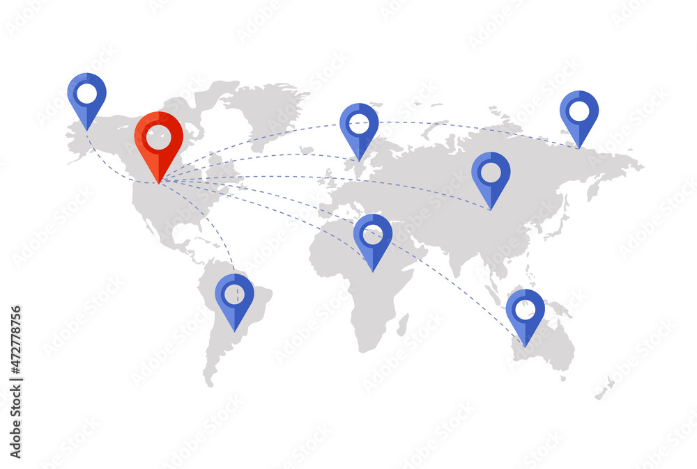 World Map with Location Signs, Network Connection, Points of ...