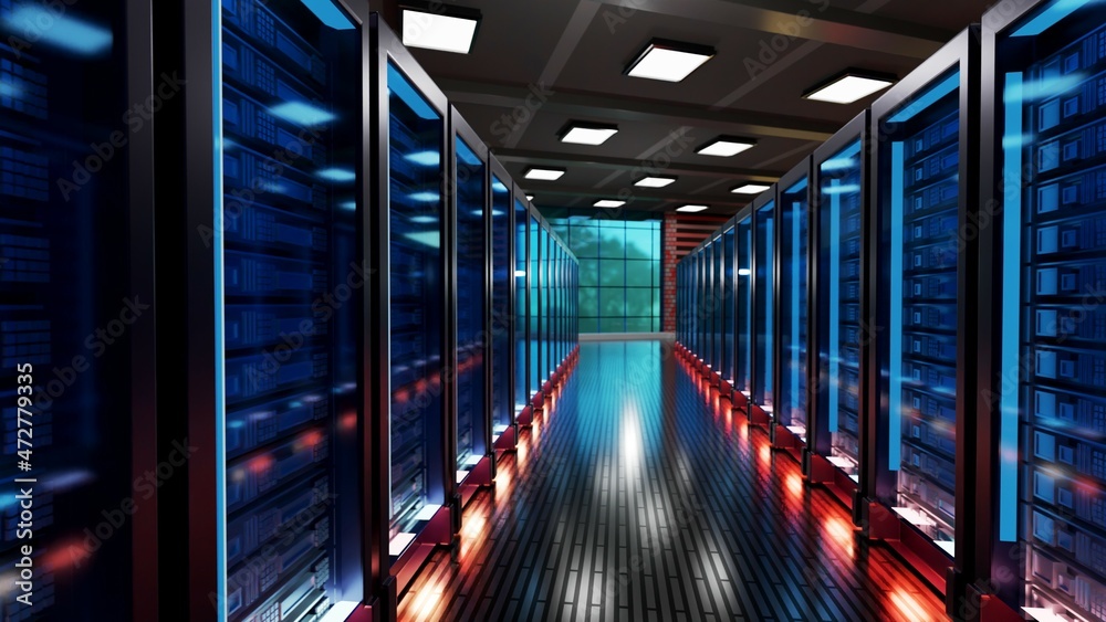 3D realistic render of a server room inside a closed building with ...