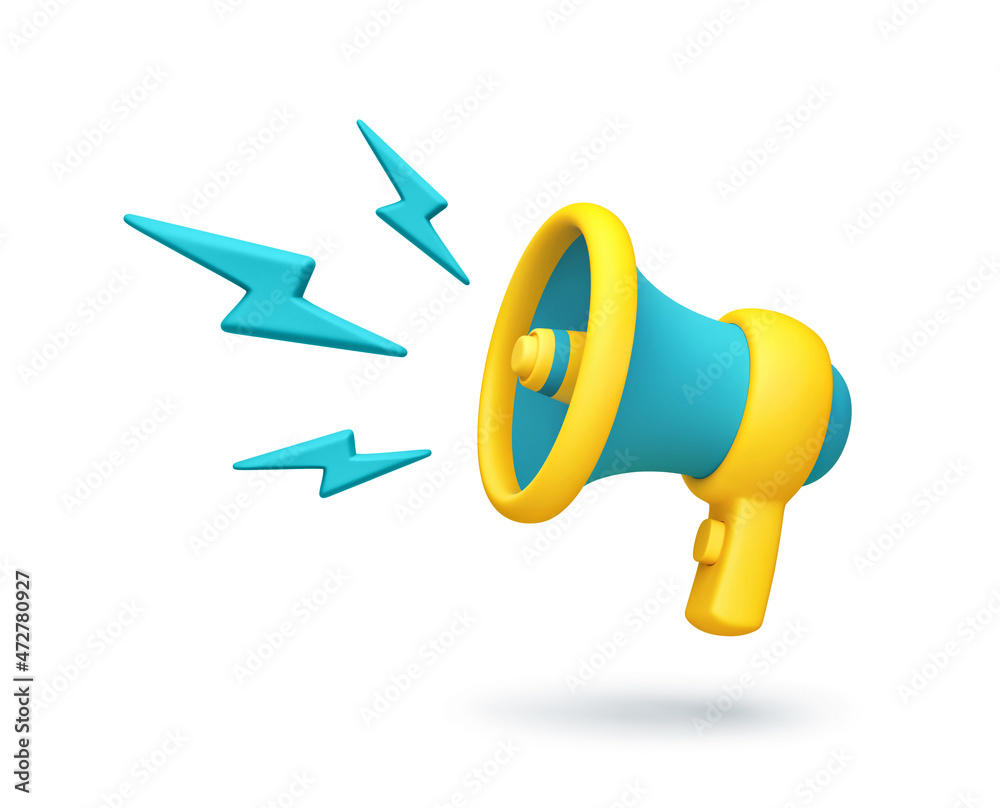 Blue and yellow megaphone isolated on white. Clipping path included ...