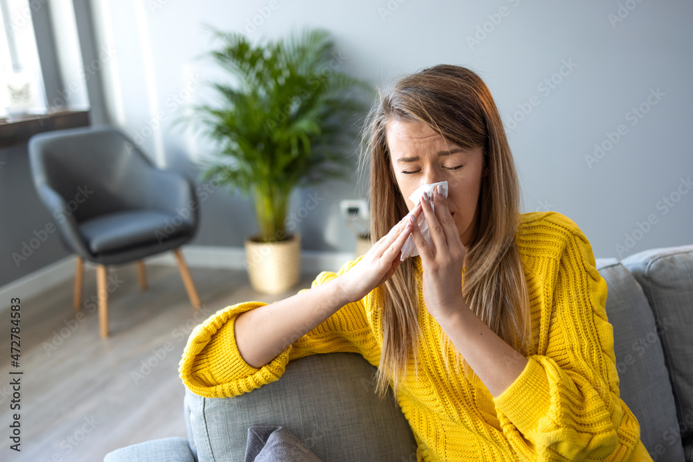 Foto de Sick desperate woman has flu. Rhinitis, cold, sickness, allergy ...