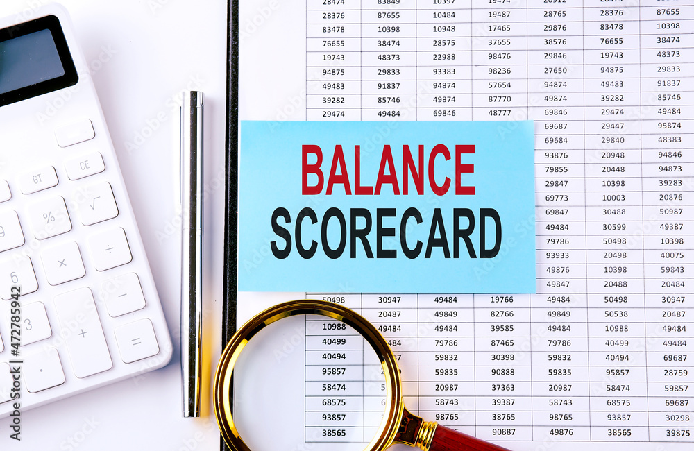 BALANCED SCORECARD on sticker on chart background, business concept ...