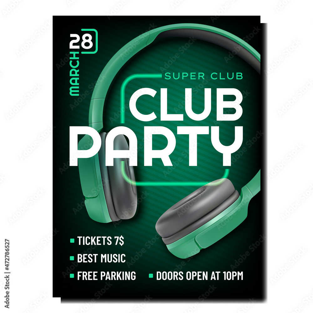 Night club dance poster vector. Electro beat brochure. House holiday ...