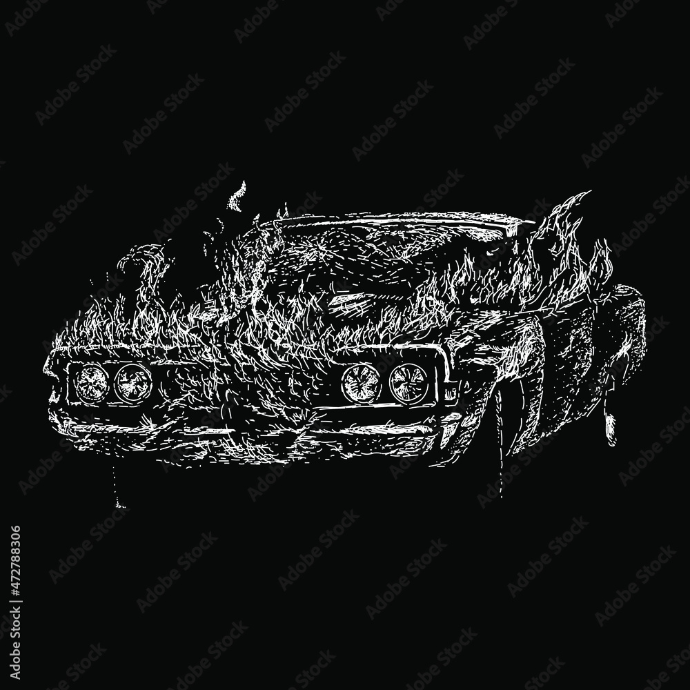 burning car drawing vector illustration isolated on the black ...