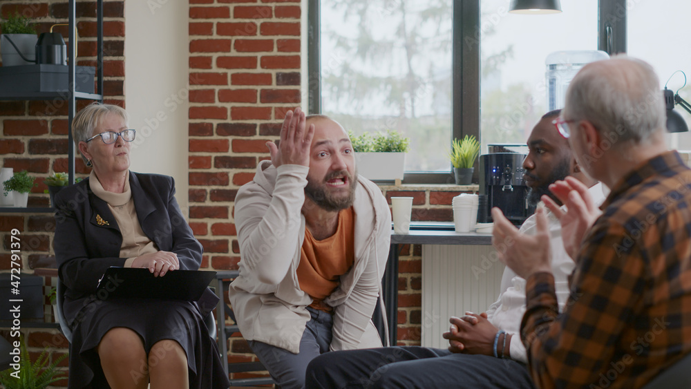 Alcohol addict with desperate behavior having breakdown at aa therapy ...