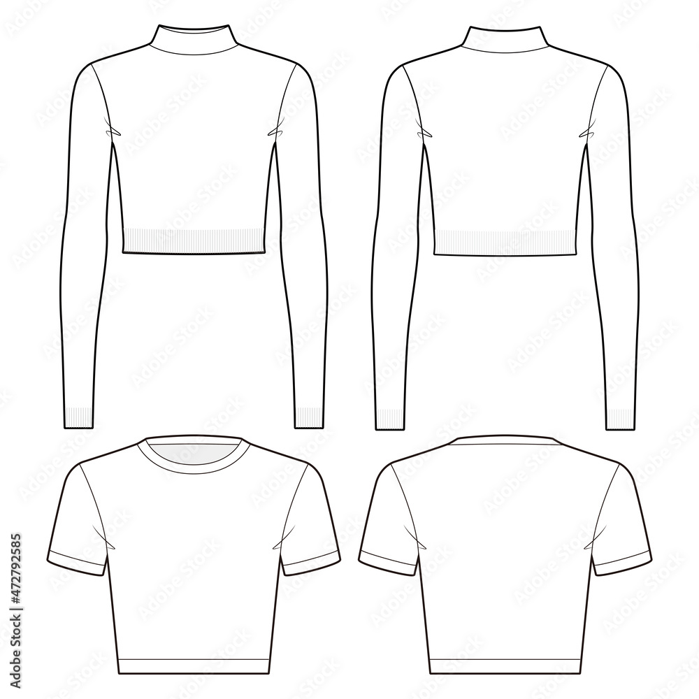Cropped turtleneck & round neckline top fashion vector sketch, Apparel ...