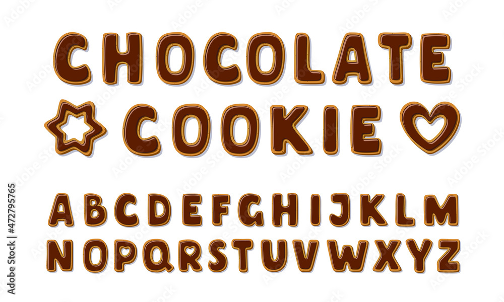 Chocolate cookies alphabet and glazed font. Sweet biscuits in shape of ...