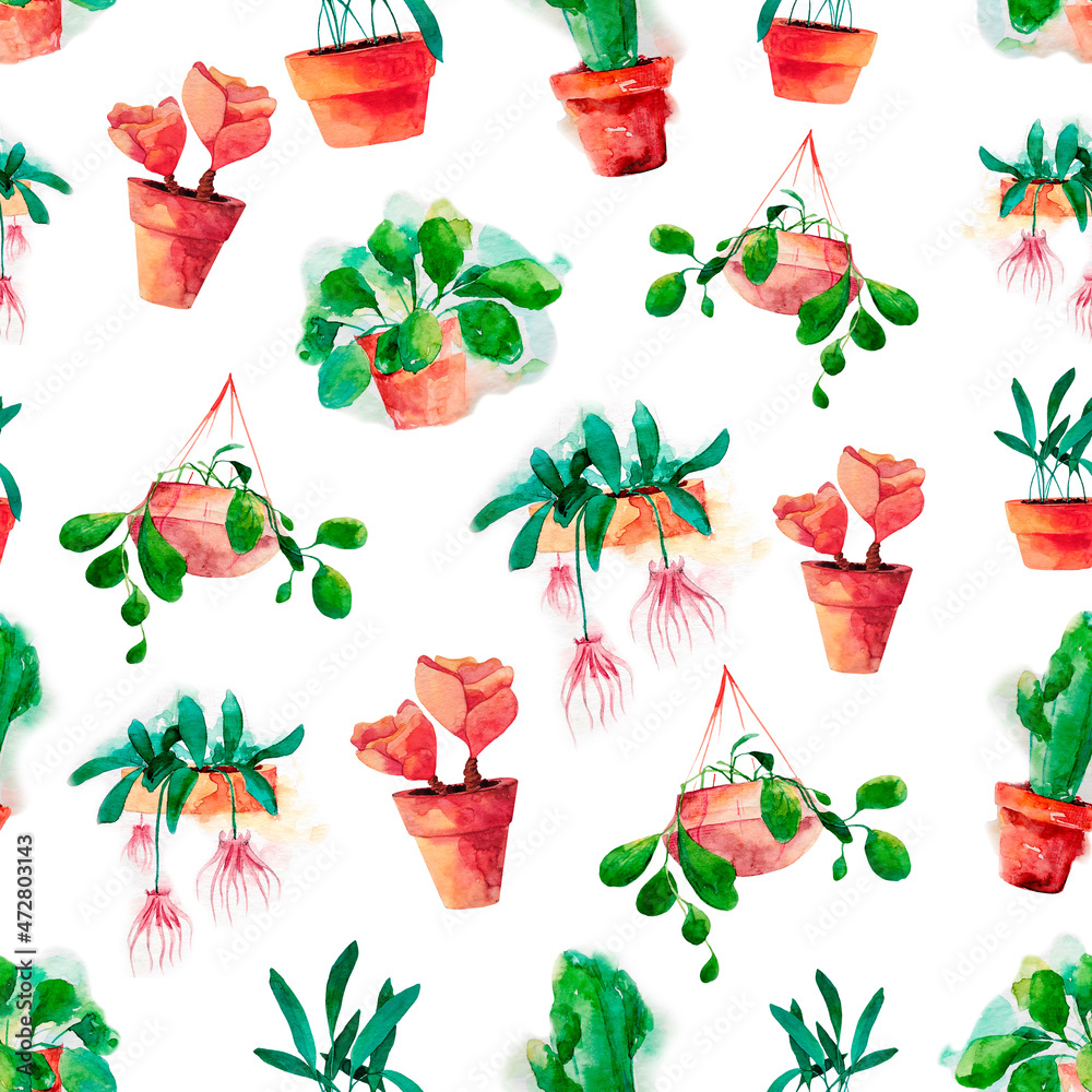 Watercolor seamless pattern with home plants in pot: bulbophyllum ...