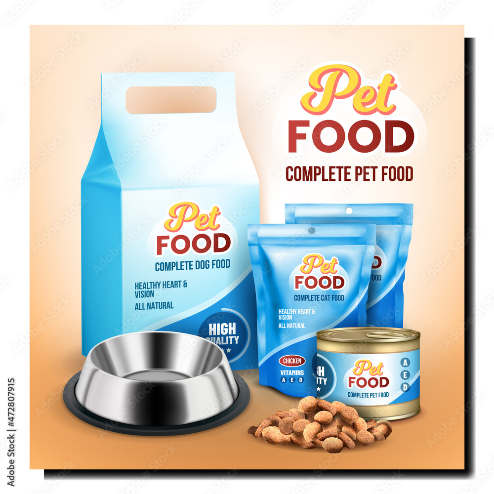 Pet Food Complete Creative Promotion Poster Vector. Pet Food Heap And ...