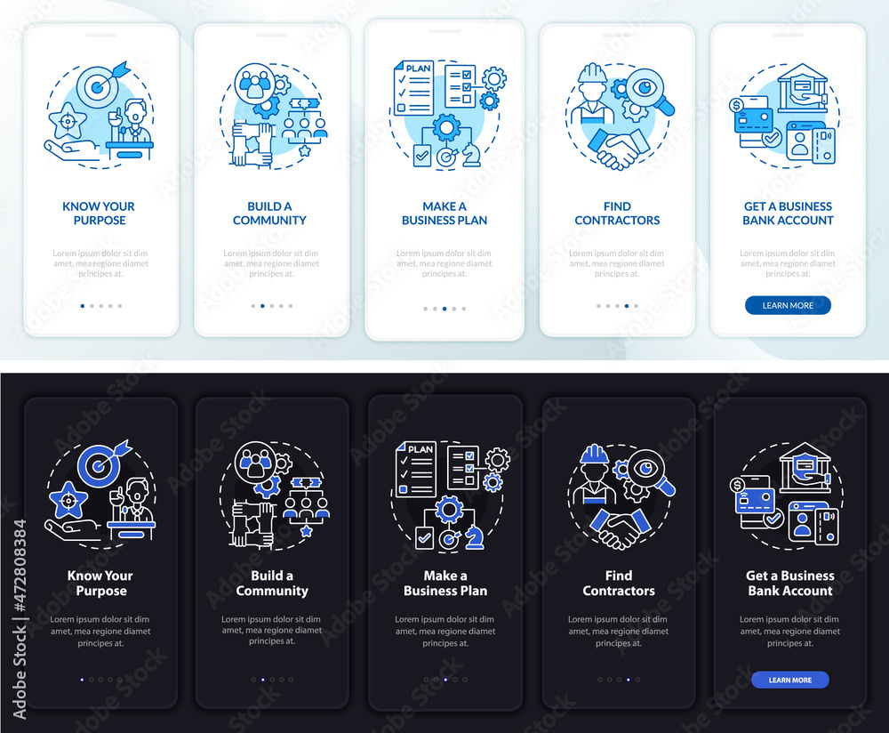 Business launching tips onboarding mobile app page screen. Startup walkthrough 5 steps graphic ...