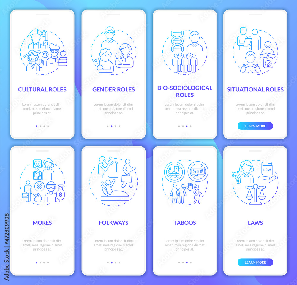 Roles and norms blue gradient set onboarding mobile app page screen ...