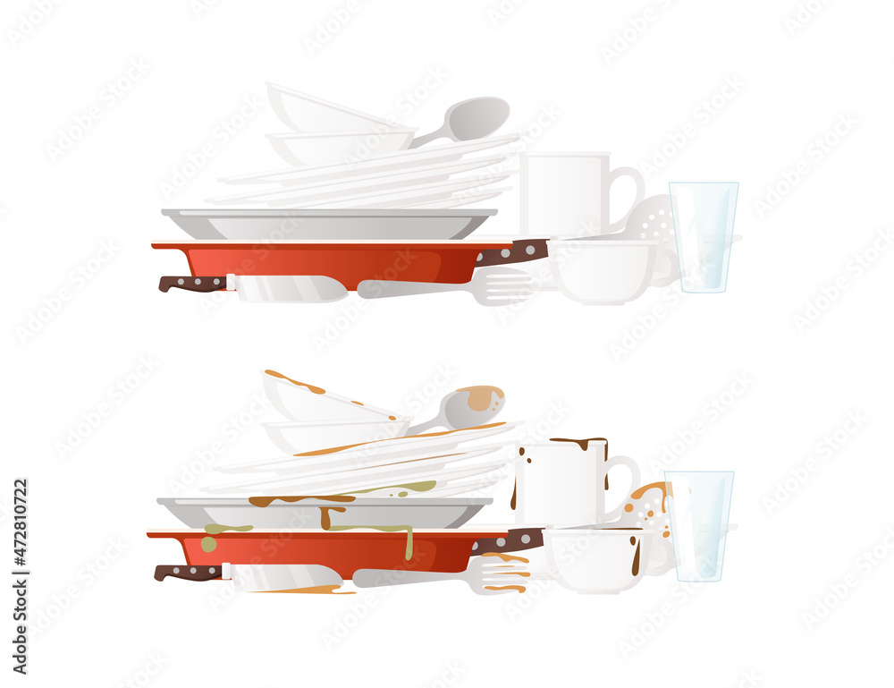 Dirty and clean dishes before and after vector illustration on white ...