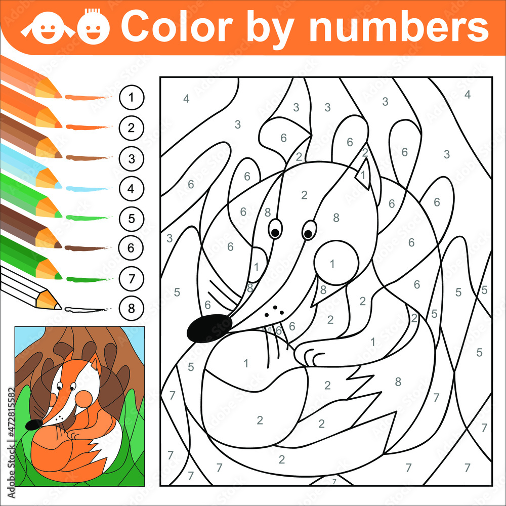 Coloring by numbers. Fox in the cave. Coloring puzzle with numbers for ...