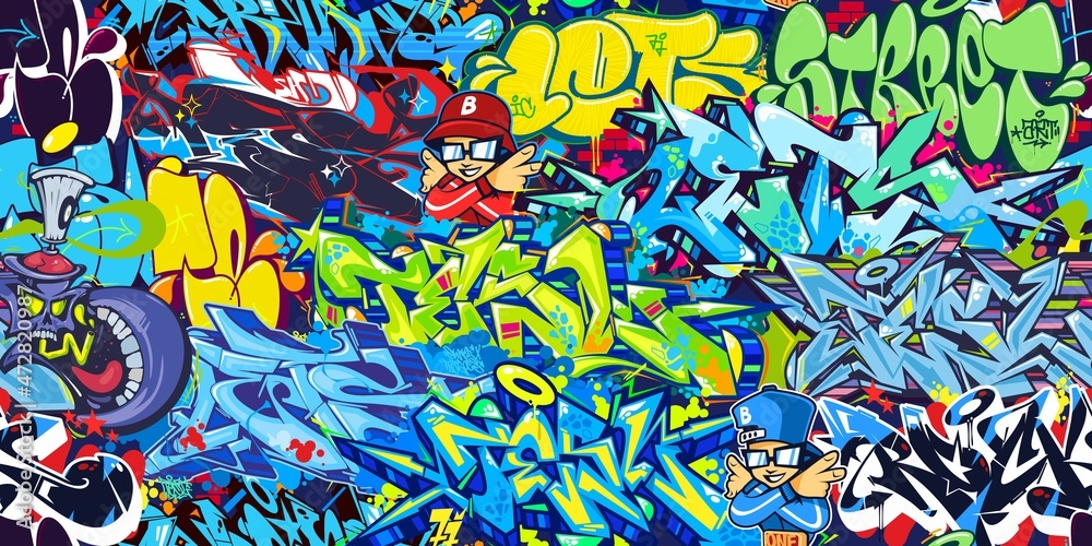 Cool Colorful Urban Graffiti Street Art Seamless Pattern. Vector ...