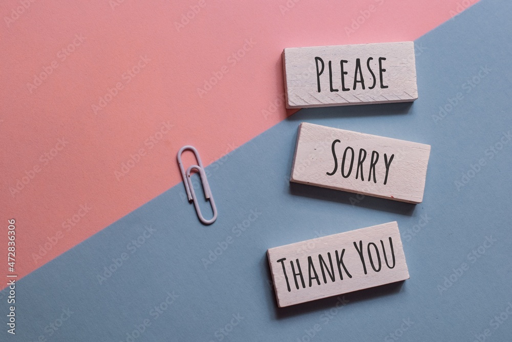 Painted wooden chips with the text Please Sorry Thank you on pastel ...