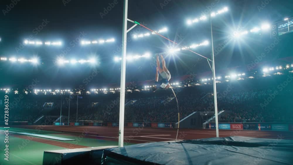 Pole Vault Jumping Championship: Professional Male Athlete Running with ...