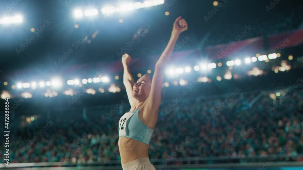 Portrait of Professional Female Athlete Happily Celebrating New Record ...