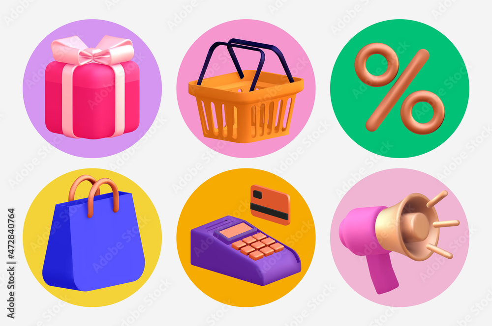 Bright 3d shopping icon set isolated on white background. Vector ...