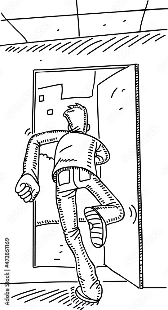 Back view of running man trough the opened door - sketchy hand-drawn ...