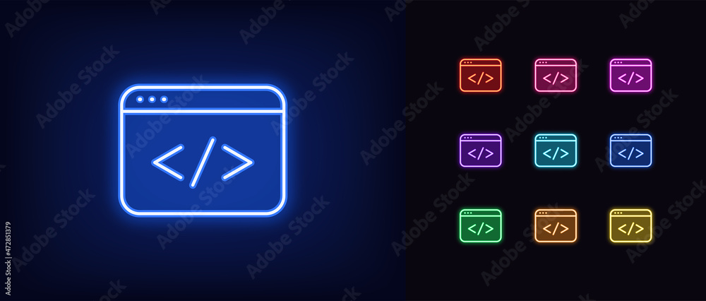 Outline neon coding icon. Glowing neon app window with code sign, web ...