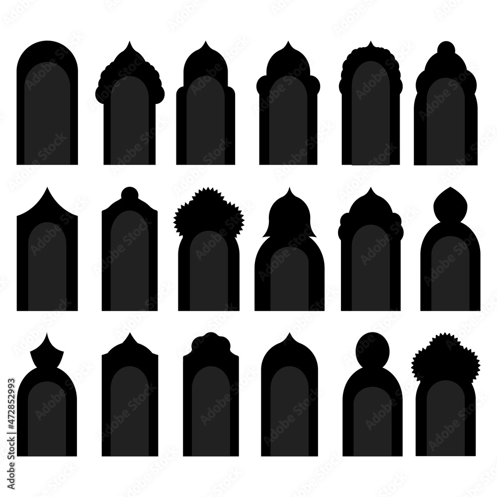 Arab black buildings set of vector icons. Eastern architecture isolated ...