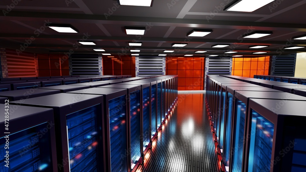 3D realistic render of a server room inside a closed building with ...