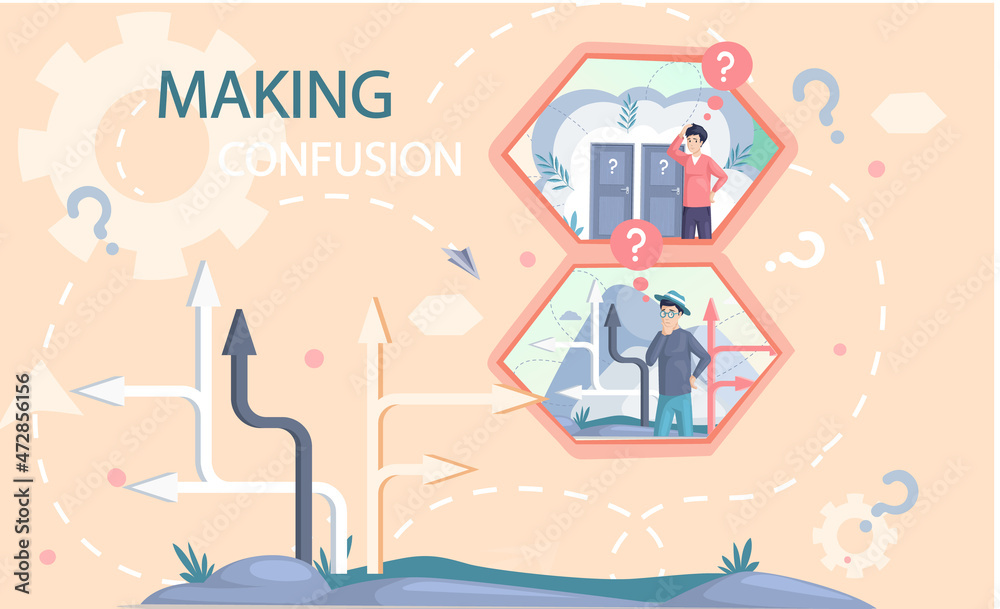 Vetor do Stock: Making confusion. Doubts person surrounded by question ...