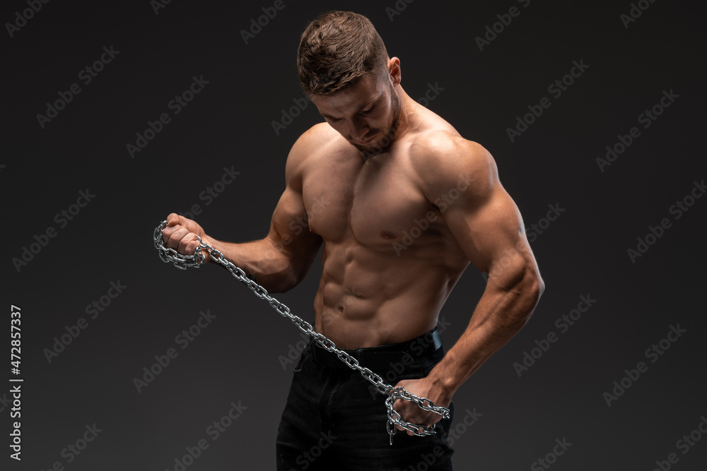 Body builder with fit torso belly chest and arms biceps triceps muscles ...