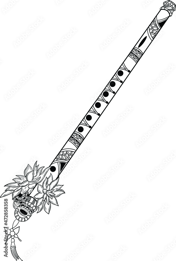 Artistic line drawing of Indian Classical Music Instrument flute ...