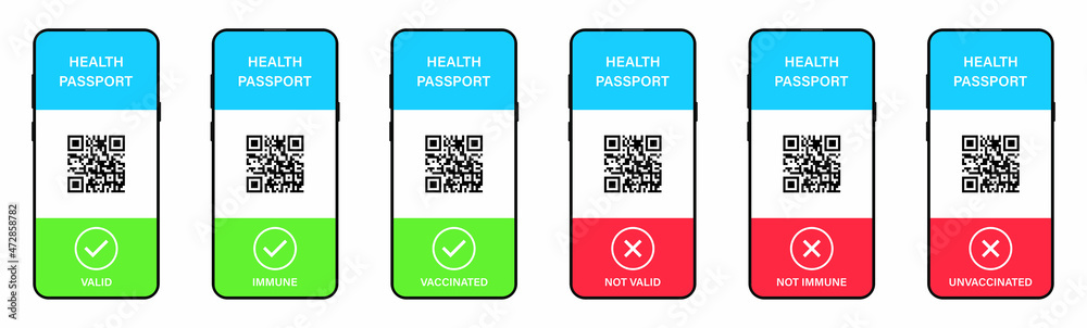 Health passport with QR code in smartphone screen. Green and red ...