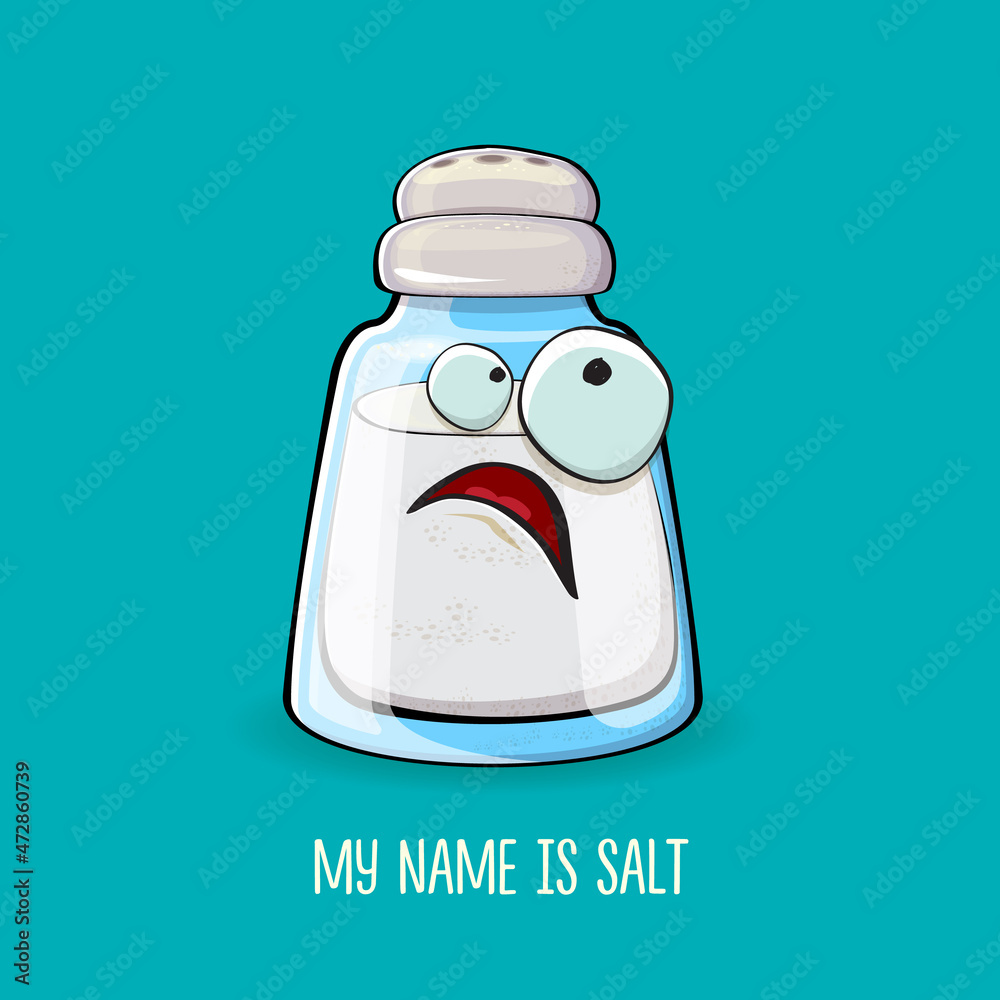 Cute cartoon salt shaker with smiling faces isolated on turquoise ...