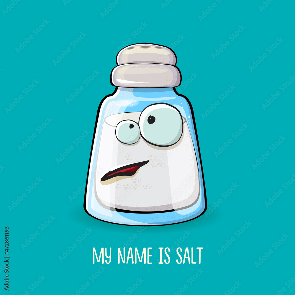 Cute cartoon salt shaker with smiling faces isolated on turquoise ...