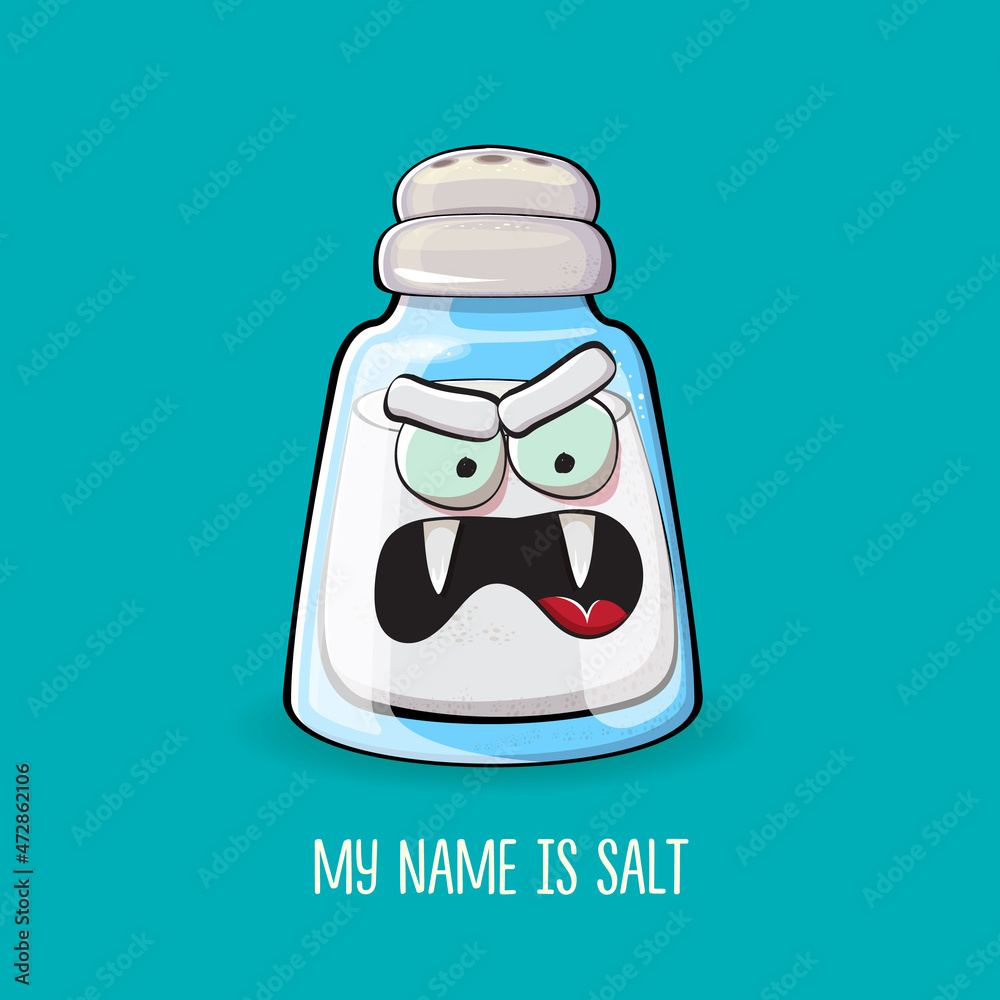 Cute cartoon salt shaker with smiling faces isolated on turquoise ...